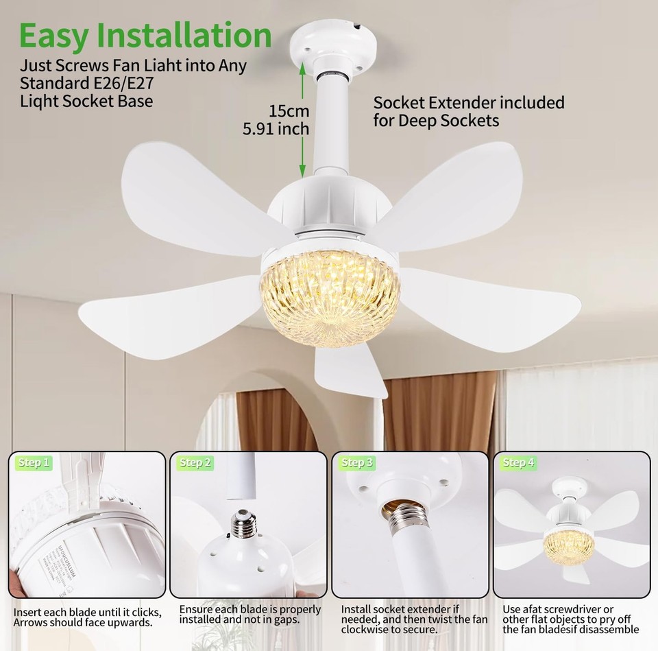 Socket Fan with Lights and Remote, Socket Fan Llight,18' LED Ceiling ...