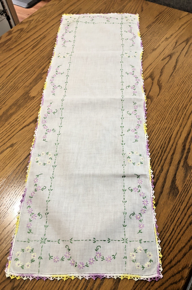 Vintage Embroidered Floral Purple Yellow Pink Crochet Trim Table Runner ...