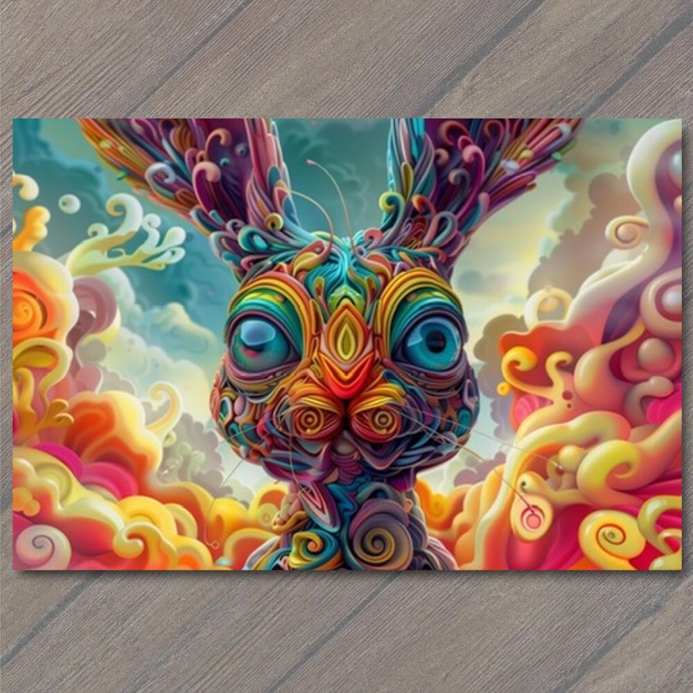 POSTCARD Rabbit Bunny Surrealism Crazy Bright Colors Weird Strange Wild ...