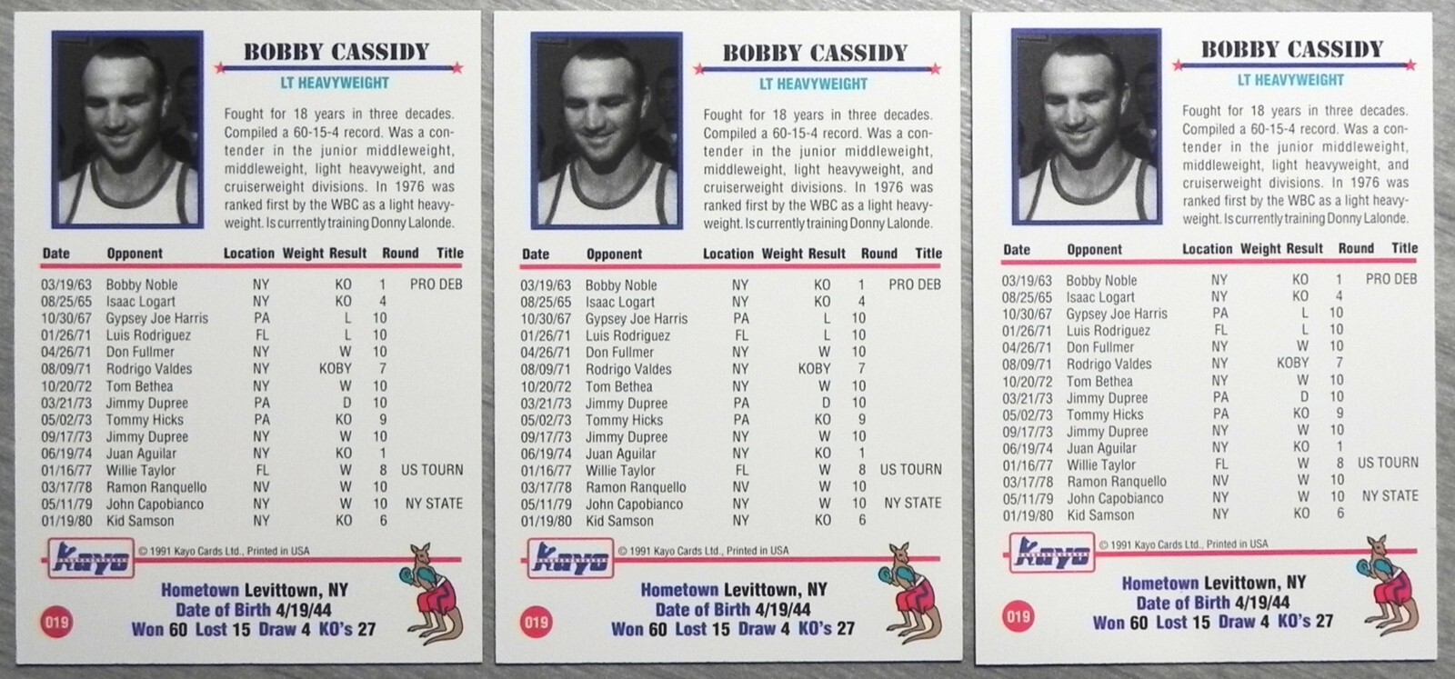 Bobby Cassidy "Lt. Heavyweight" Exact 3-Card Lot (C) 1991 Kayo Cards ...