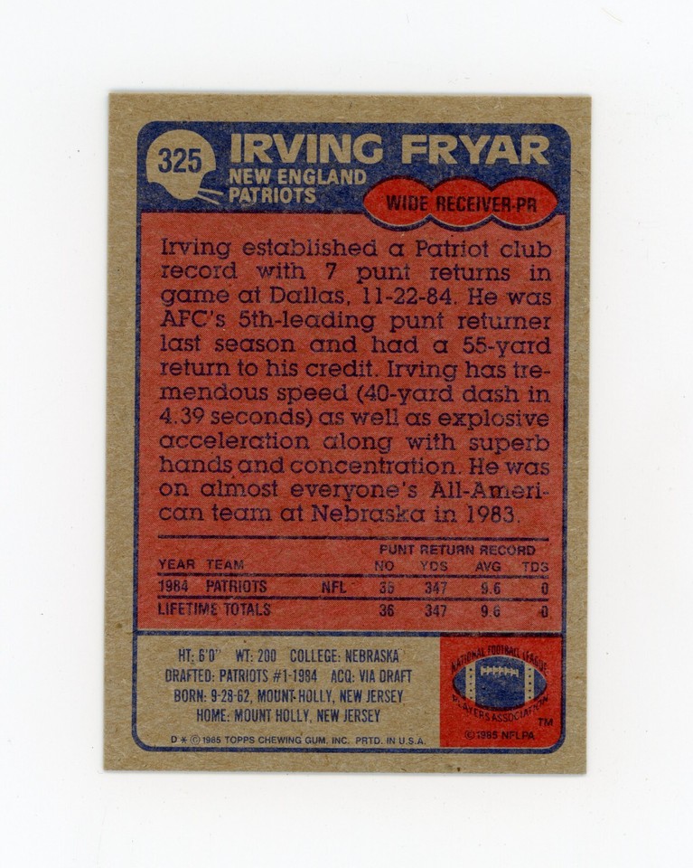 IRVING FRYAR 1985 Topps Rc #325 New England Patriots JM4 | eBay