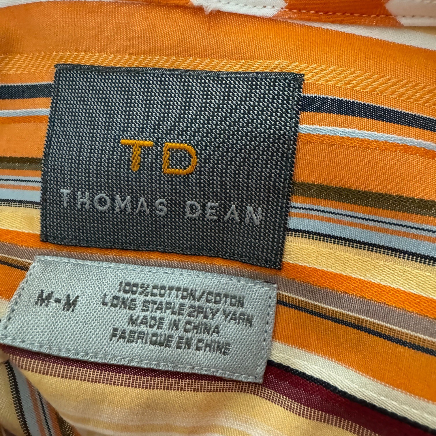 Thomas Dean Gingham Flip Cuff Shirt Men's Size Medium Striped Orange Blue Top | eBay