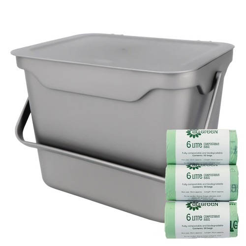 5L Silver Kitchen Compost Caddy/Food Waste Bin & 150 x 6 Litre ...