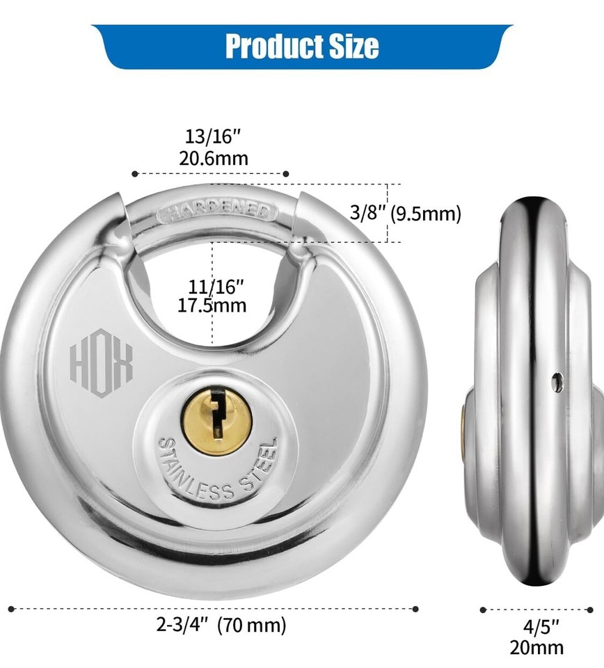 70MM DISC PADLOCK SHACKLE STAINLESS STEEL 2 KEYS WATERPROOF HARDENED ...