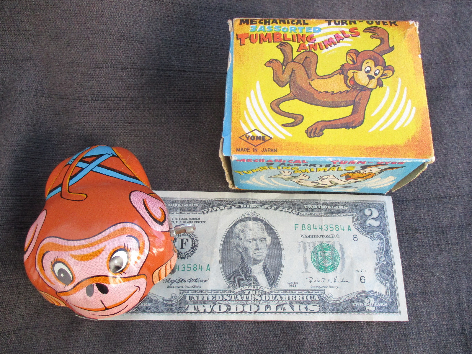 OLD VINTAGE 1960s JAPAN YONE TIN TOY WIND-UP TUMBLING MONKEY NEAR MINT ...