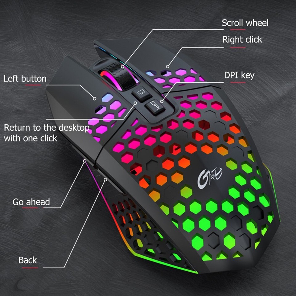 7 Buttons RGB LED Backlit USB Wireless Gaming Mouse Optical Honeycomb ...