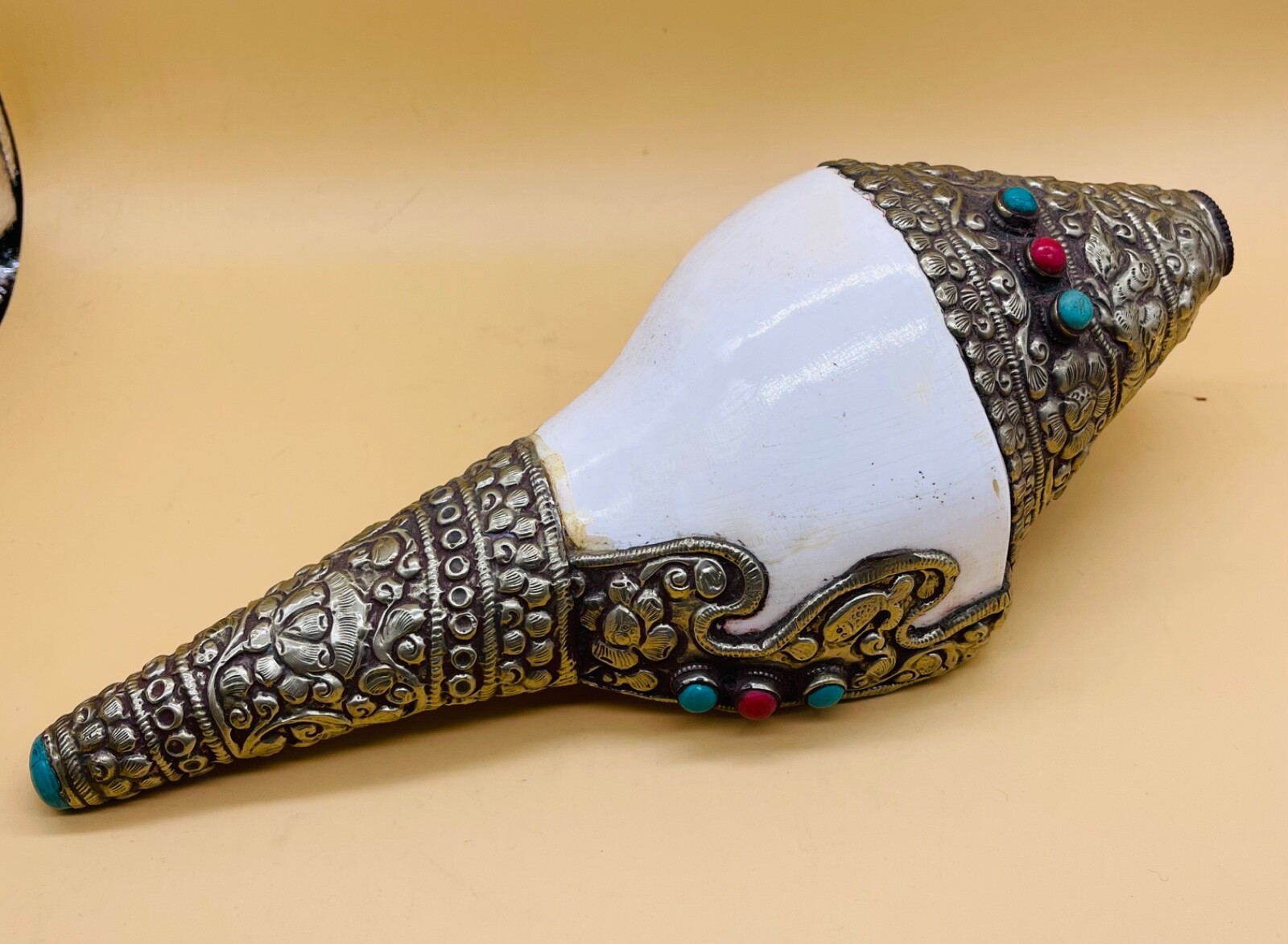 Ancient tibetan silver, shell and stones ceremonial monks instrument ...