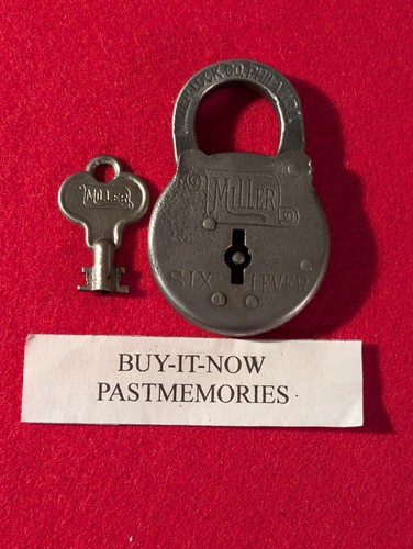 "MILLER" SIX LEVER STEEL PADLOCK w/ KEY, VINTAGE LOCKS ANTIQUE LOCK | eBay