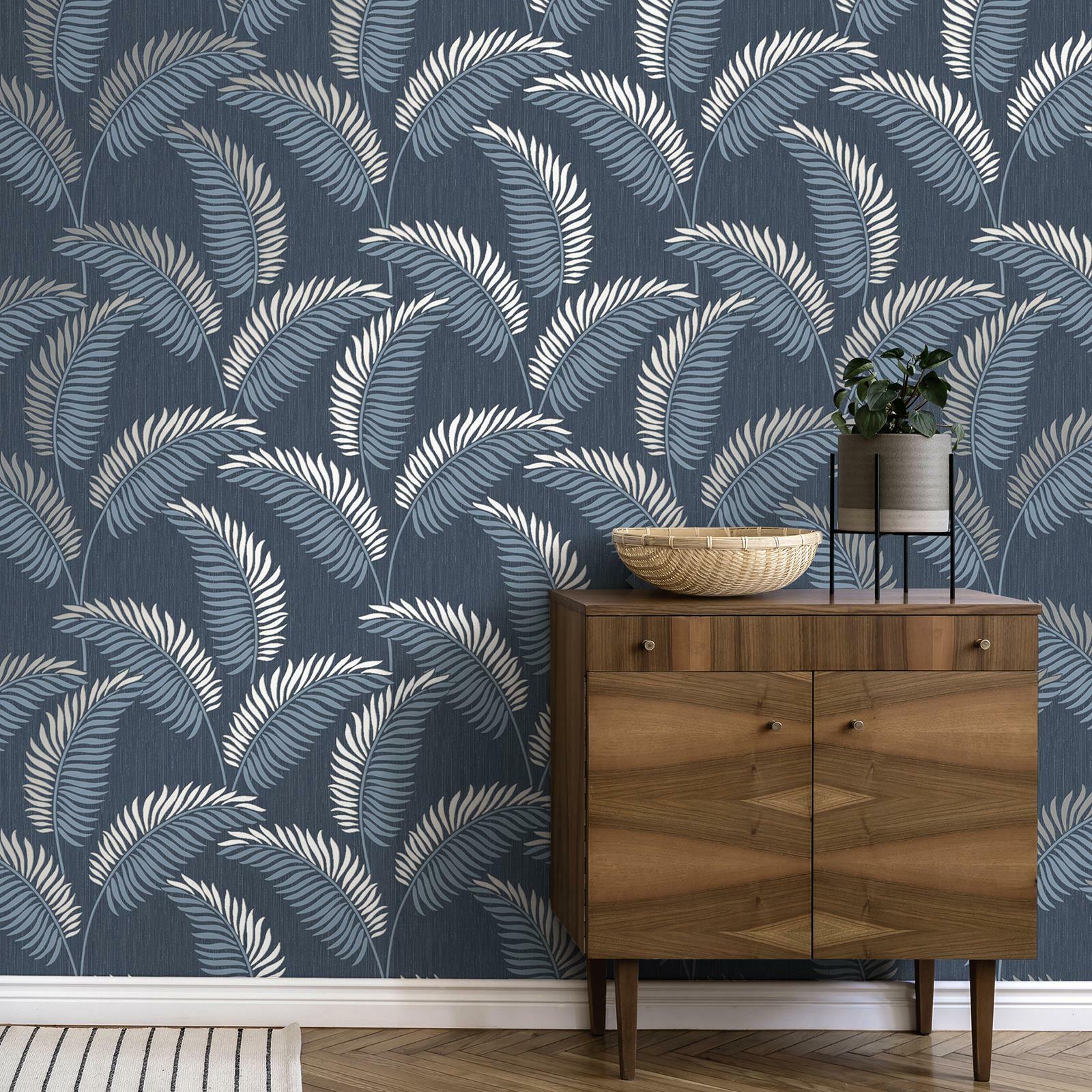 Fine Decor Cascade Fern Leaf Wallpaper Tropical Metallic Blue/Silver ...