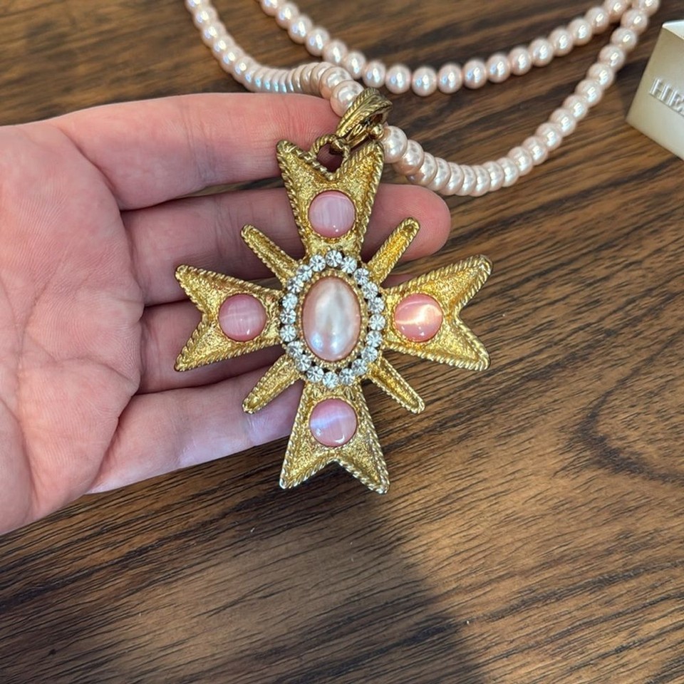 Heidi Daus Double Strand Pink Pearl Cross Necklace Rare | eBay