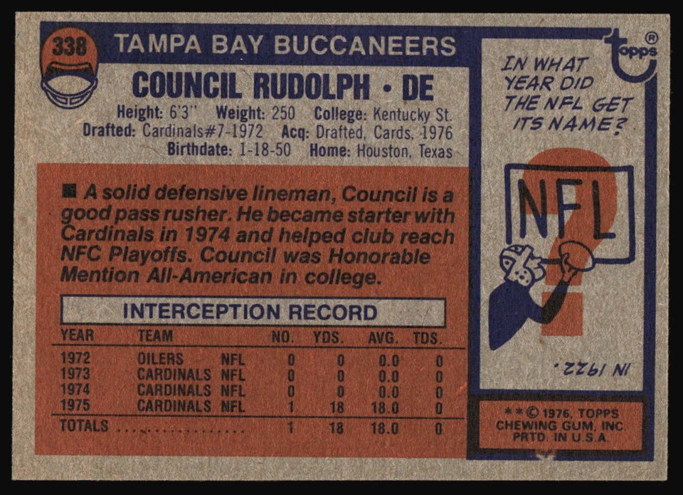 1976 Topps Council Rudolph Rookie #338 Tampa Buccaneers | eBay