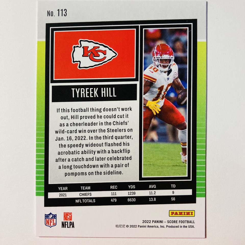 Tyreek Hill 2022 Panini Score Football Base Card # 113 Kansas City ...