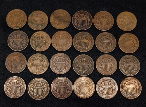 LOT of (24) 1864 1865 1866 1867 Two Cent Copper Pieces AG-VF 2c coins ...