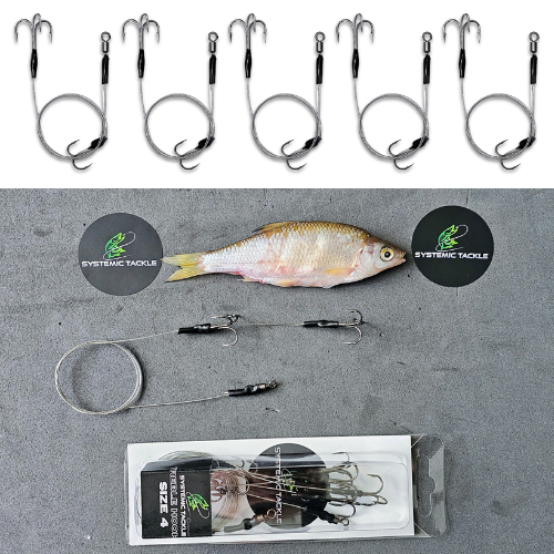 Pike Dead Bait Traces Rigs – 5 Pack – 33lb Wire Trace Treble Hooks Size ...