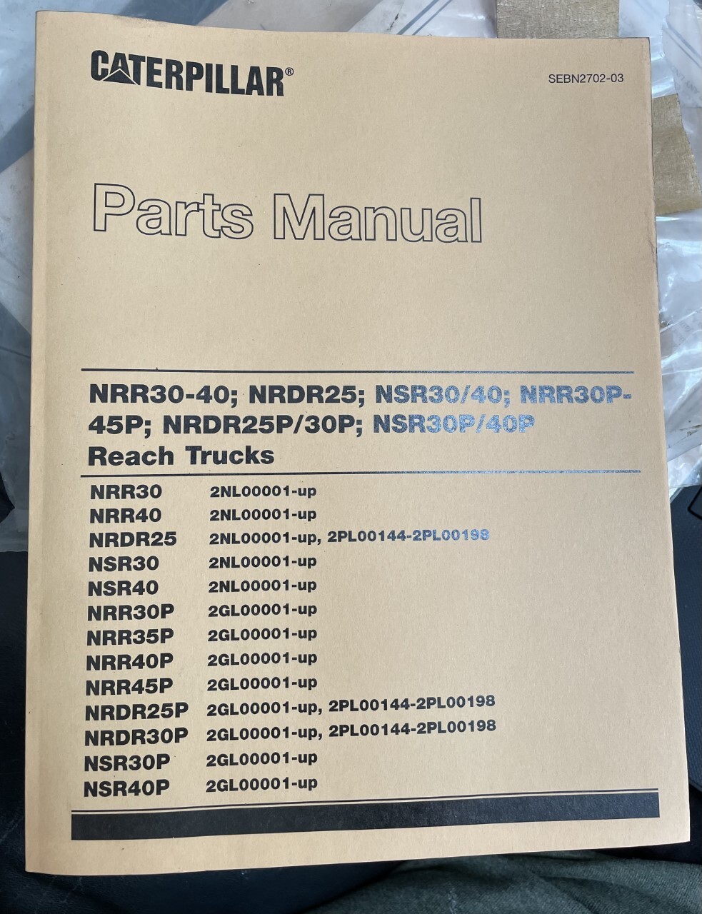 Caterpillar Parts Manual; SEBN2702-03: BRAND NEW! (NRR30-40; NRDR25 ...