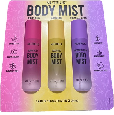 Nutrius Body Mist~ Berry Bliss~Coco Bliss~Botanical Bliss~3X4Fl Oz =12 ...
