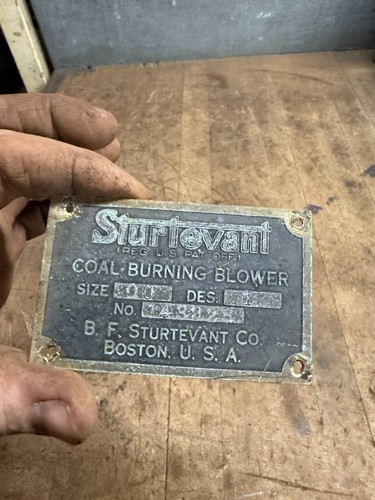 B.F. Sturtevant Blacksmith Forge Coal Burning Blower 00 ID Plate Tag ...