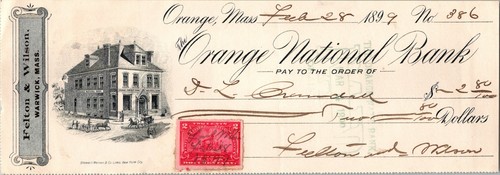 Orange Massachusetts vintage bank check 1899- orange national Bank | eBay