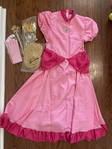 Princess Peach Adult Costume with Crown Earrings Gloves Wig Size L ...