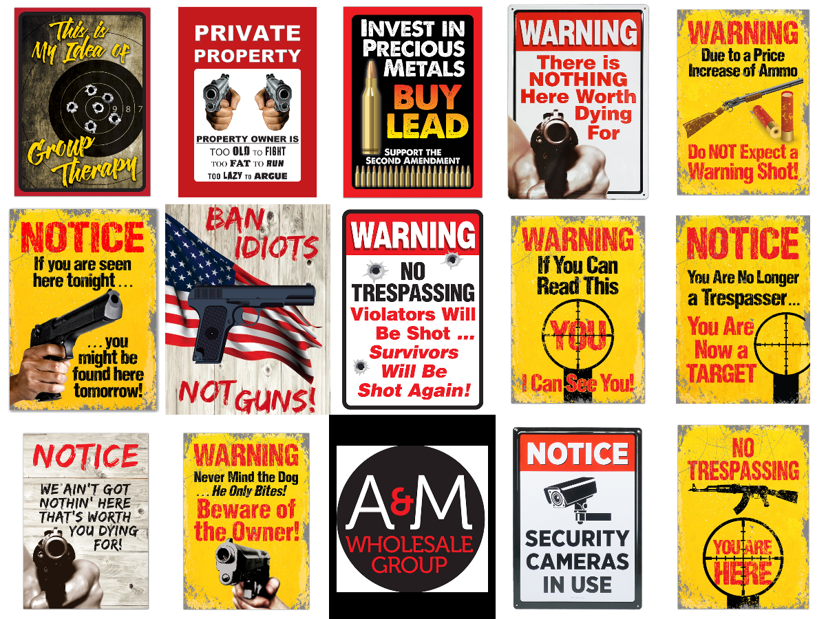 12" x 17" Tin Metal GUN & Shooting Signs: No Trespassing, Self Defense ...