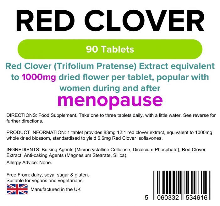 Red Clover 1000mg (90 tablets) Menopause, safe herbal HRT alternative ...