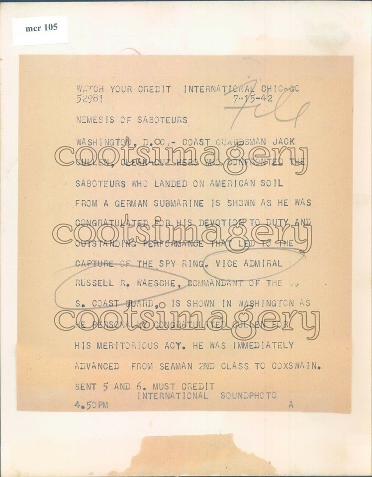 1942 US Coast Guardsman Jack Cullen With Vice Adm Russell Waesche Press ...