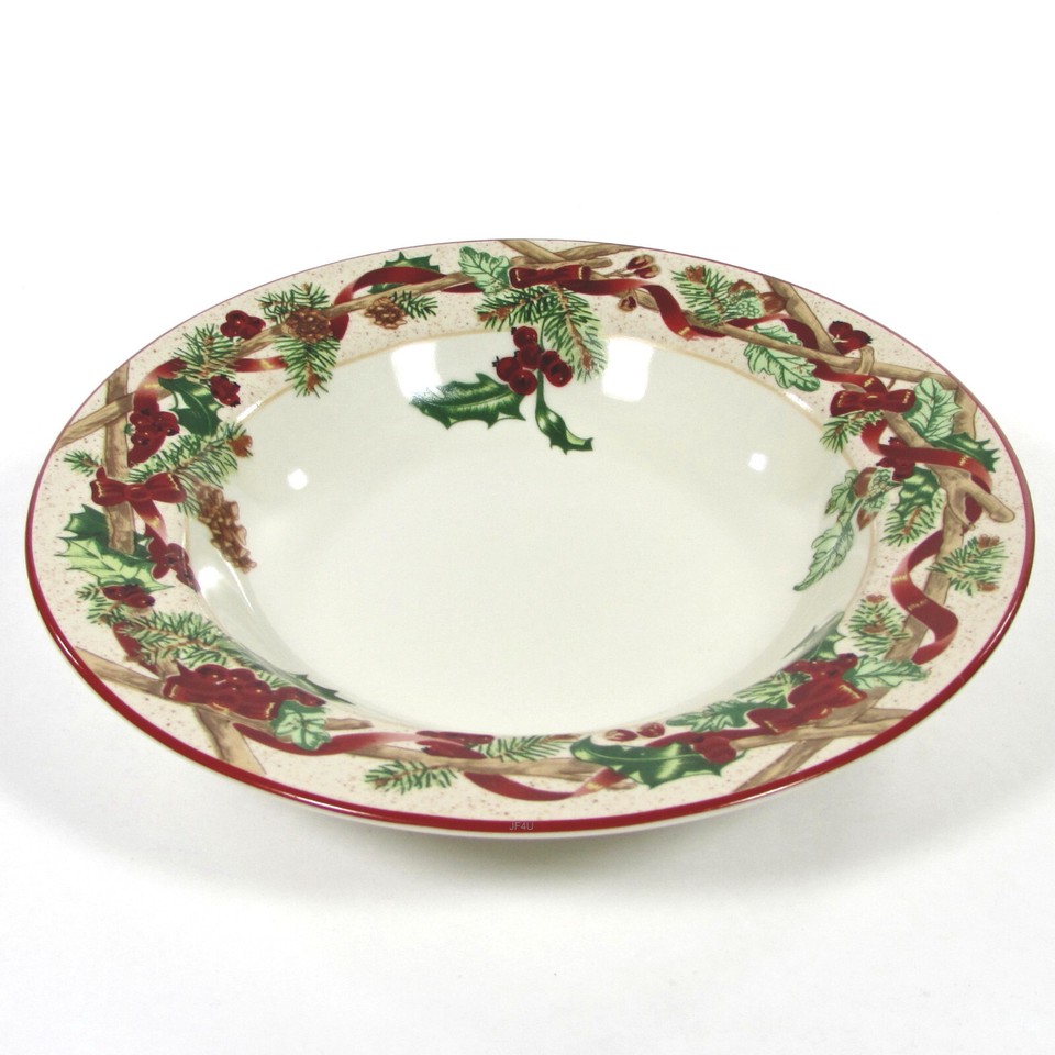 Block Basics FESTIVE RIBBON 12oz Soup Bowl Set 4 Pine Holly Berry Red ...