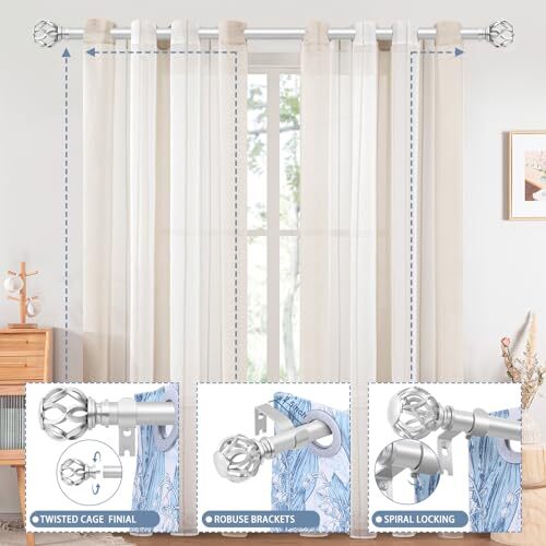 Silver Curtain Rods for Windows 66 to 120 Inch1 Inch Adjustable Long ...