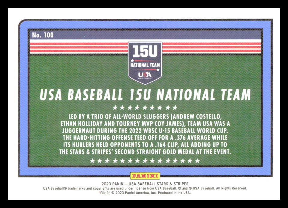 2023 Panini Stars & Stripes Team USA Baseball 15U National Team 100 | eBay