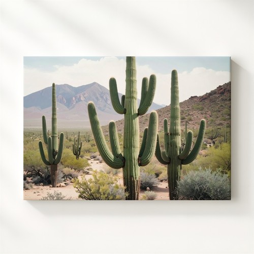 Desert Giants Canvas Saguaro Cactus Landscape with Mountain Backdrop | eBay