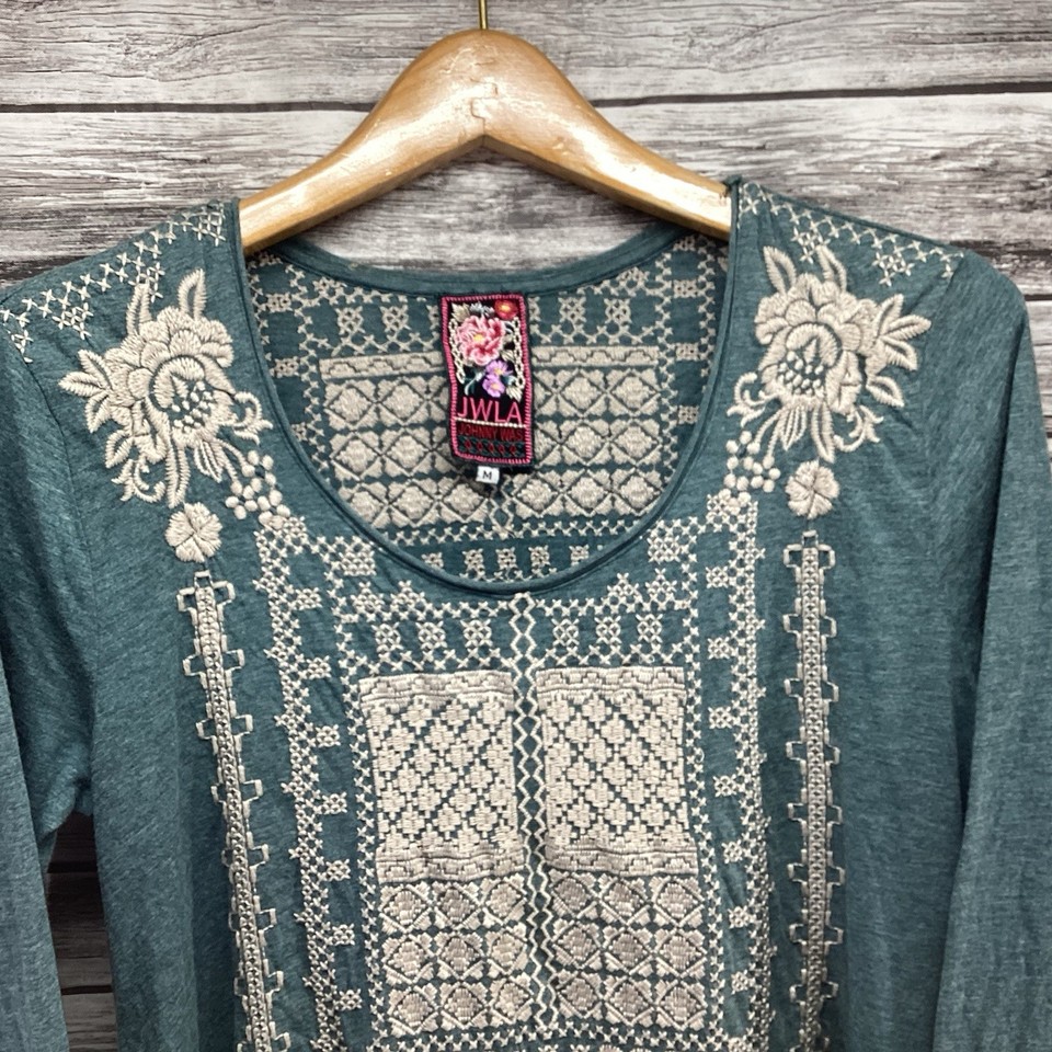 Johnny Was JWLA Shirt Womens Medium Blue Fairy Floral 3/4 Sleeve Tunic ...