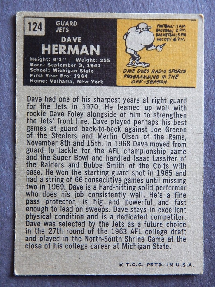 Dave Herman #124 Topps 1971 Football Card (New York Jets) *A | eBay