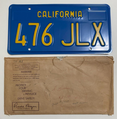 California License Plate Single 476JLX Ronald Reagan Governor Envelope ...