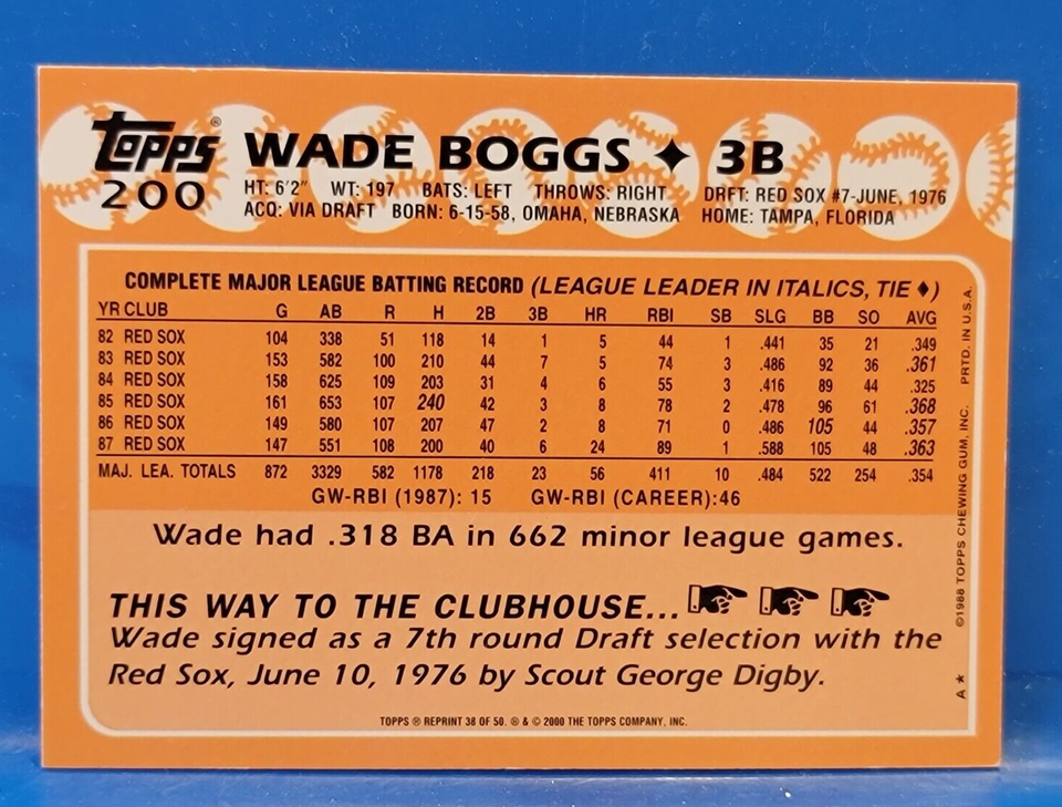 Wade Boggs 3B Red Sox Topps 50 Years Baseball Card #200 1988 | eBay