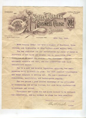Letterhead Stott & Hoare's Business College Sydney 1903 | eBay
