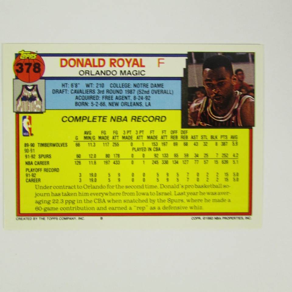 Donald Royal NBA Basketball Card (Orlando Magic) 1992-93 Topps # 378 | eBay
