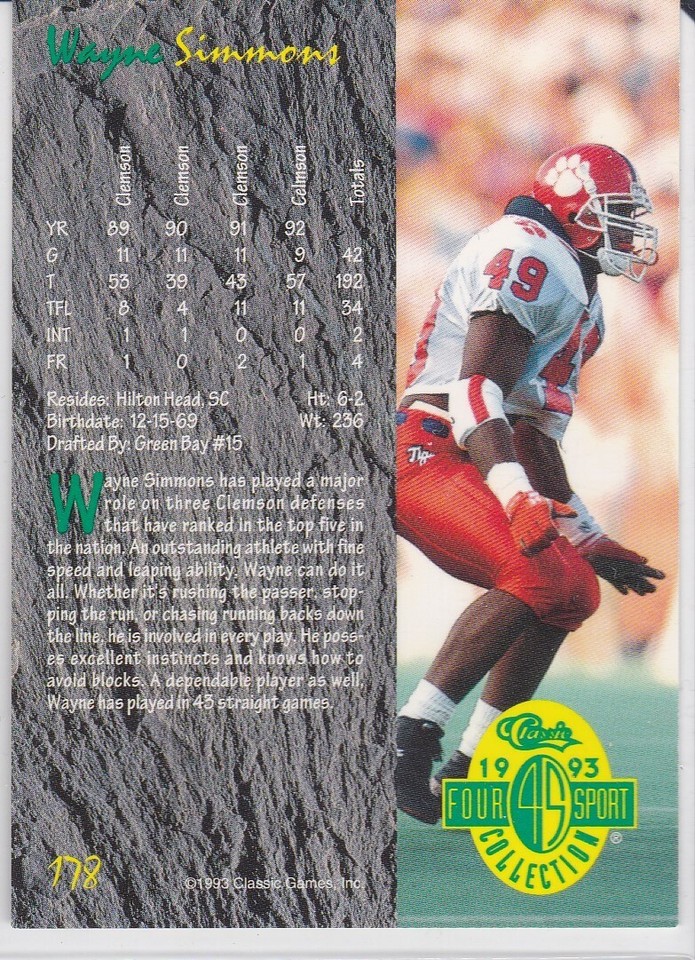 M) 1993 Classic 4 Sport Football Trading Card - Wayne Simmons #178 | eBay
