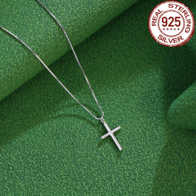 S925 Cross Polished Dangle Pendant Necklace Solid 925 Sterling Silver ...