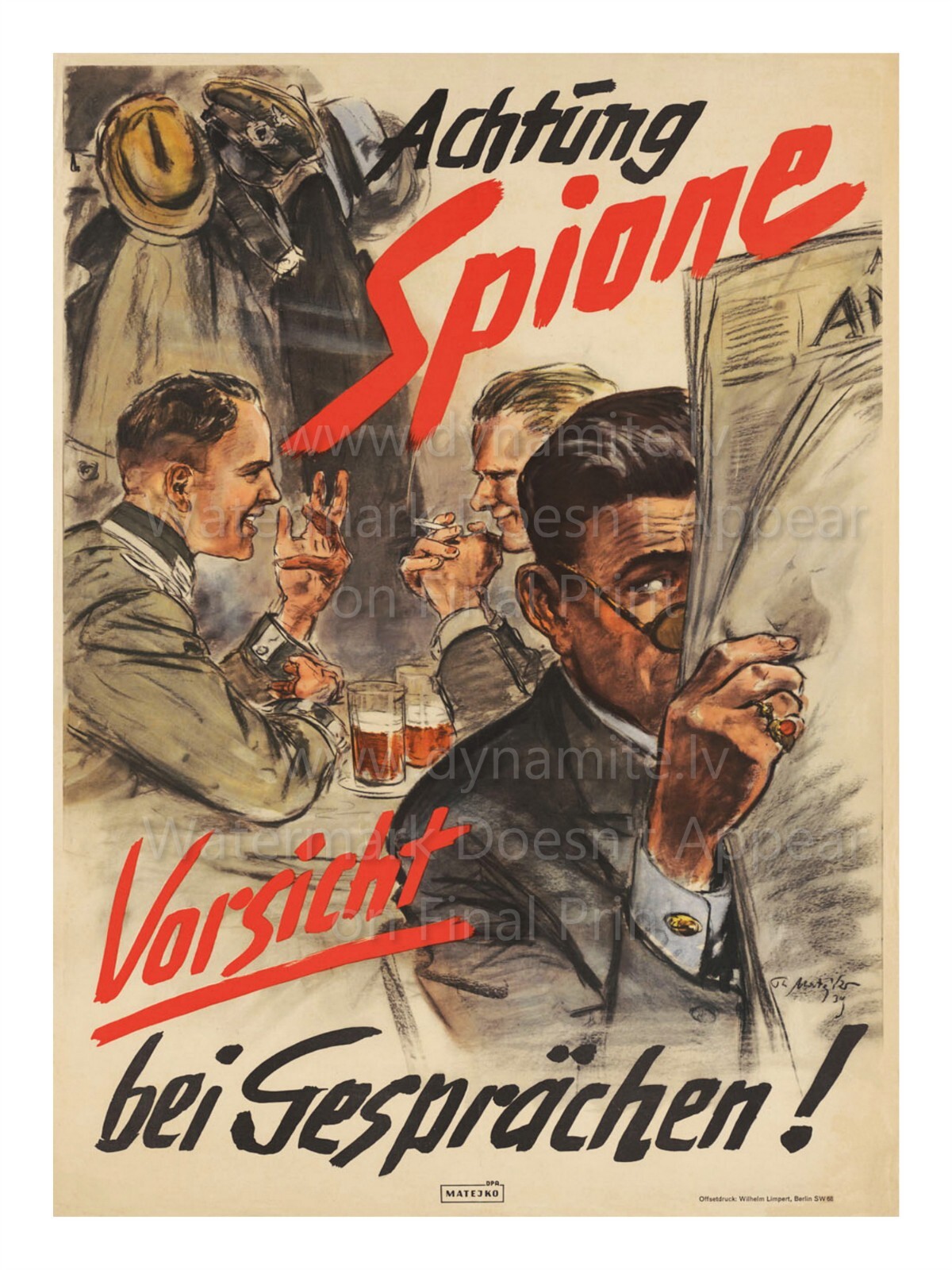 Vintage WW2 Propaganda Germany ROLLED CANVAS Print BEWARE OF SPIES ...