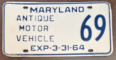 Maryland 1964 ANTIQUE MOTOR VEHICLE License Plate # 69 | eBay