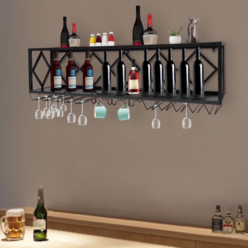 Wall-Mounted Inverted Wine Glass Rack Bar Unit Floating Shelves Bottle ...
