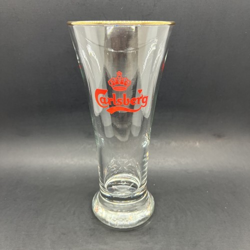 Carlsberg 12oz Beer Pint Glass 17cm 6.75" Tall Gold Rimmed Logo Brewery ...