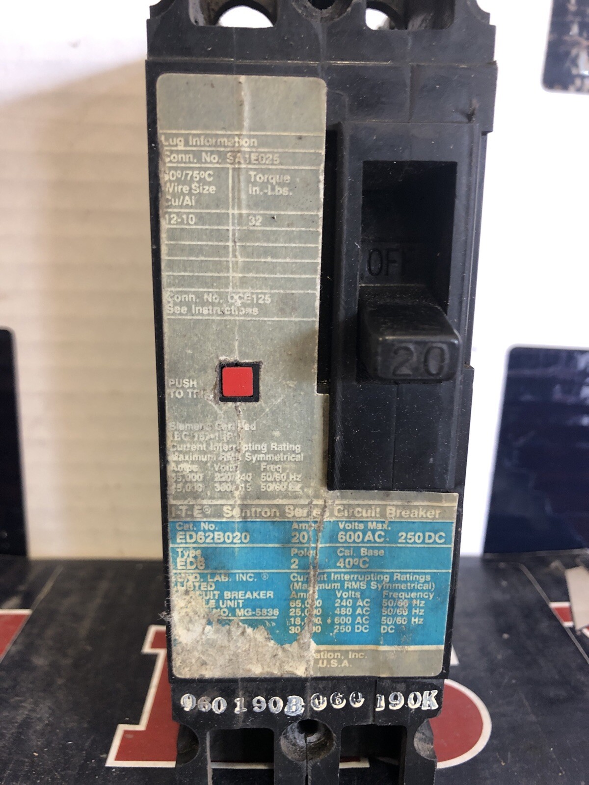ITE Circuit Breaker ED62B020 20 Amp 600 Volt 2 Pole | eBay