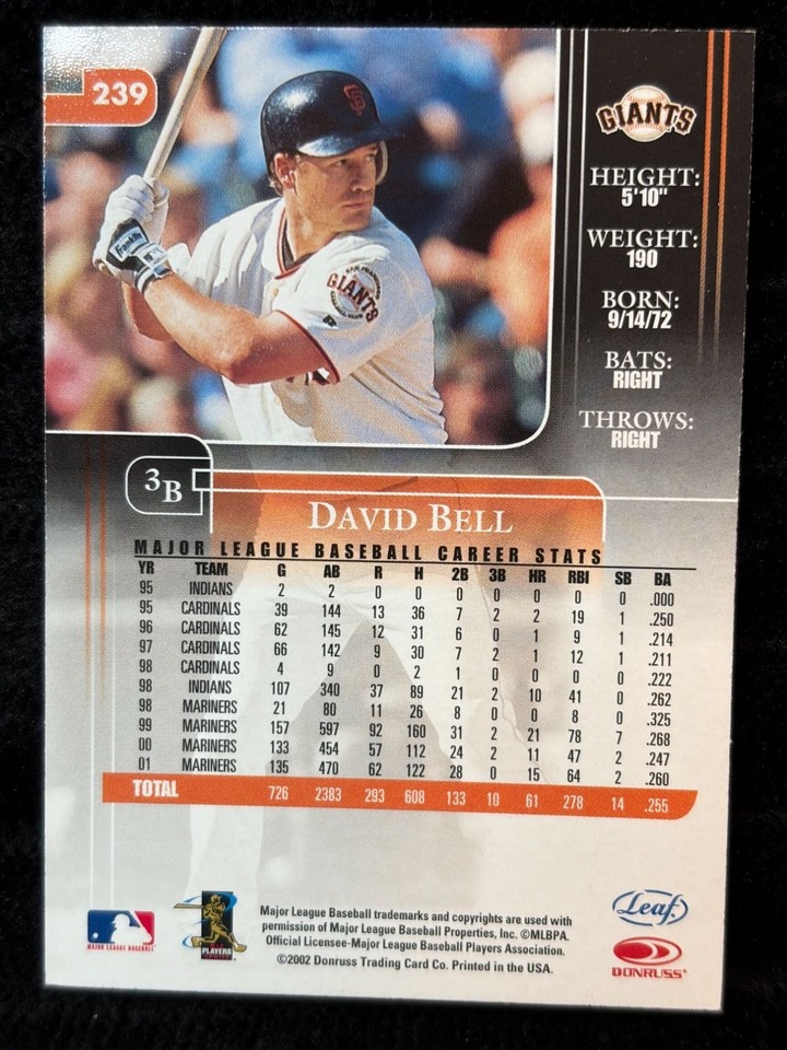 2002 David Bell Leaf Rookies & Stars Baseball Card #239 San Francisco ...