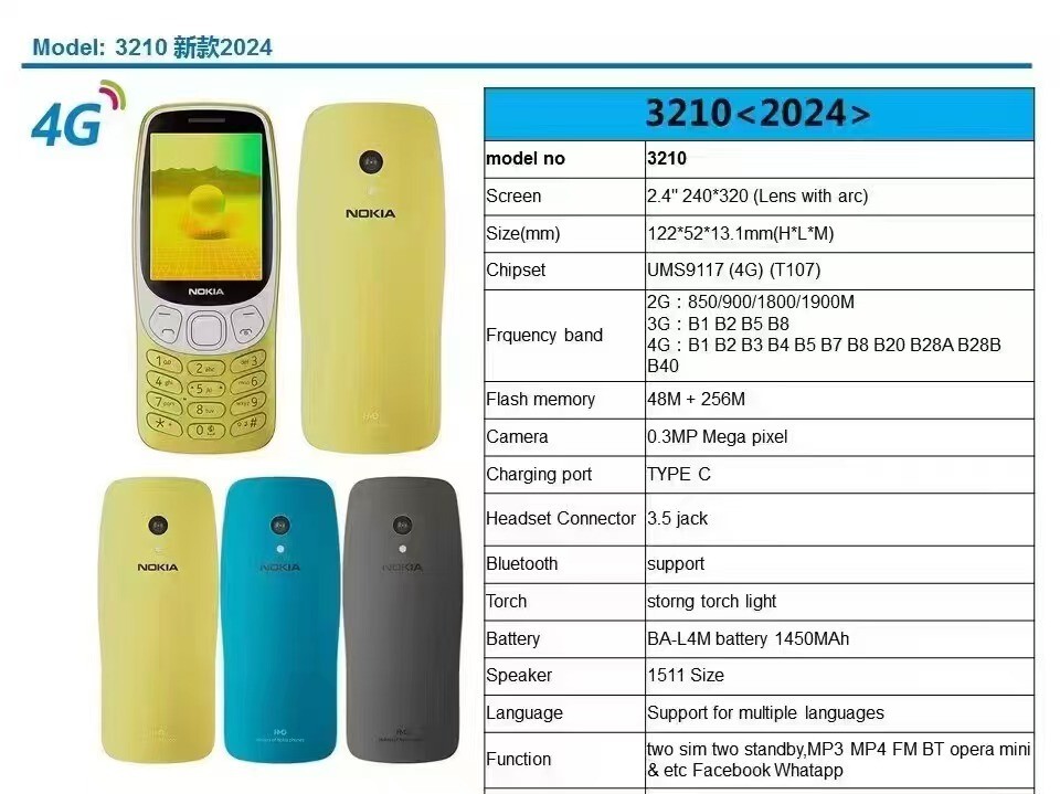 New Original Nokia 3210 4G 2024 Dual SIM Phone 2 MP Camera, Y2K Blue ...