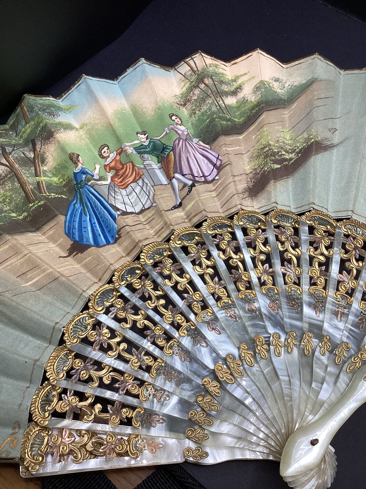 Antique 1800s Hand Painted French Paper Fan - Gem