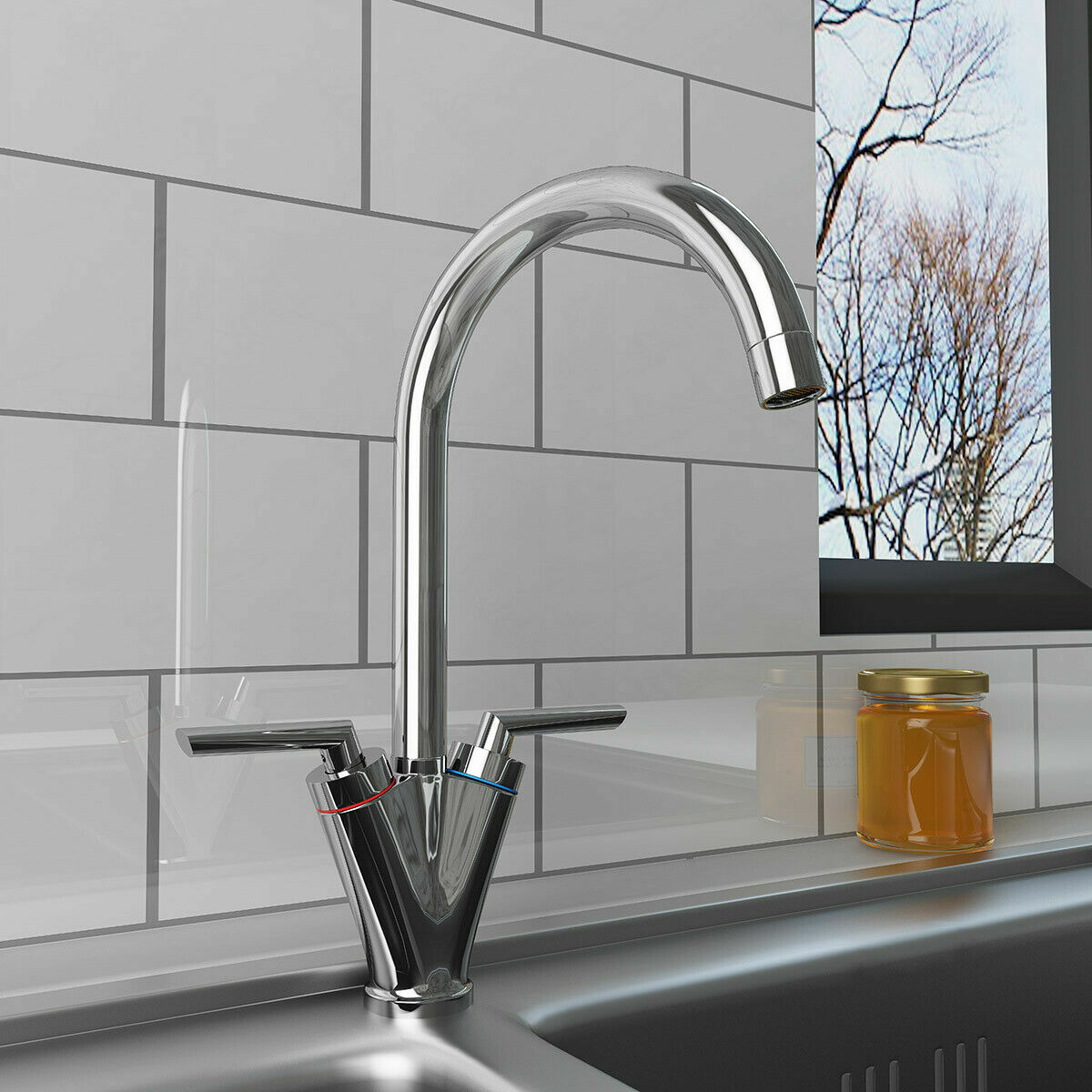 Modern Kitchen Sink Mixer Tap Chrome Monobloc Basin Twin Lever Taps ...
