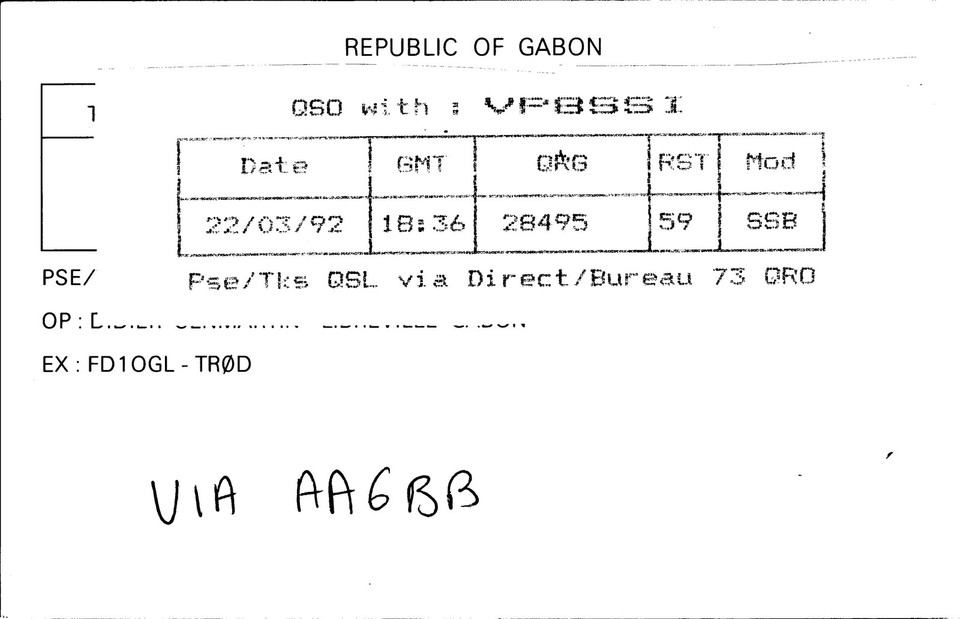 TR8GL Gabon QSL Card 1992 Libreville West Africa DX HF 10m SSB REF QSO ...