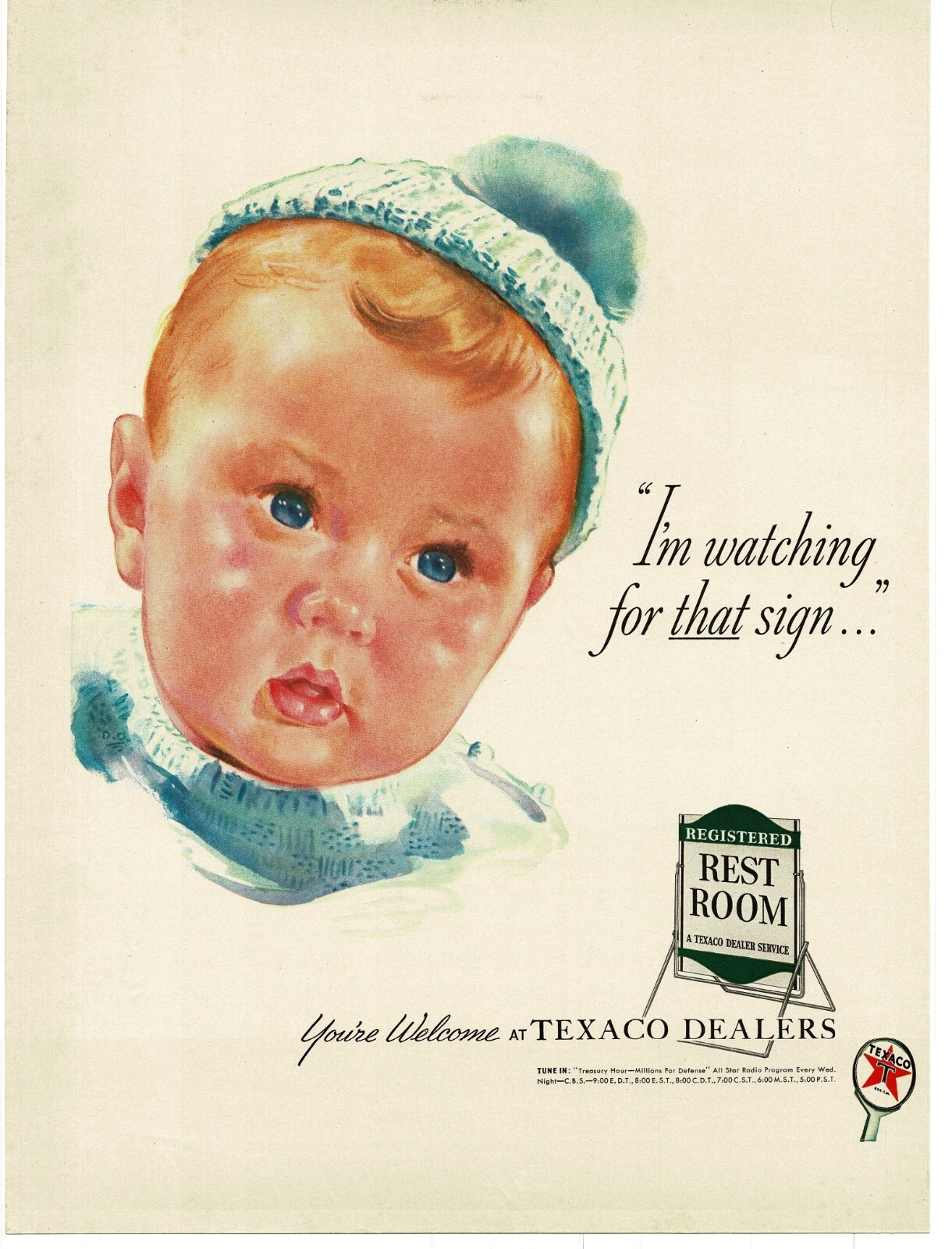 1941 Texaco Dealers Cute Little Baby watching for Rest room sign art ...