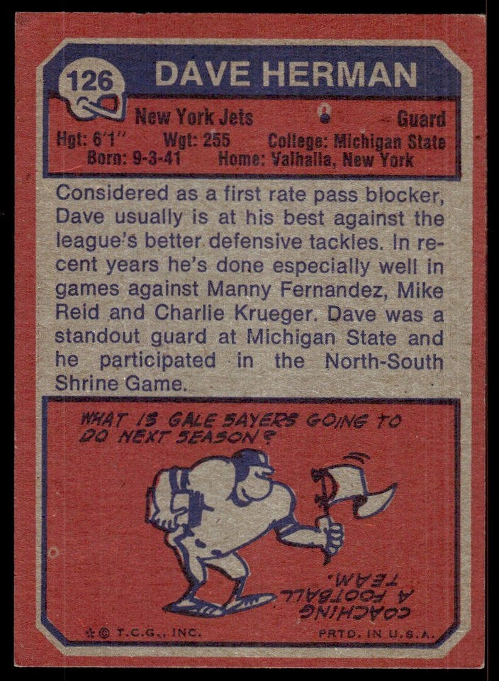 1973 TOPPS DAVE HERMAN 7 NEW YORK JETS #126 | eBay